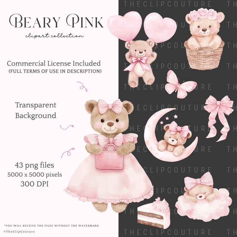 Pink Teddy Bear Clipart, Baby Girl Bear PNG, Pink Nursery, Baby Shower ...