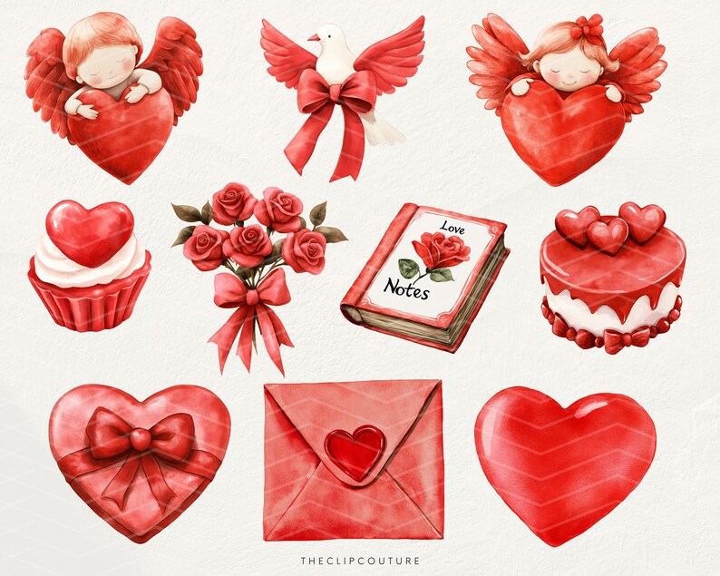 Watercolor Red Love Clipart, Cute Valentine PNG, Romantic Clip Art ...
