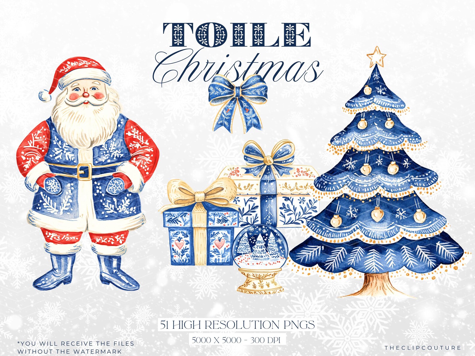 Christmas Toile Clipart, Blue Christmas PNG, Watercolor Chinoiserie ...