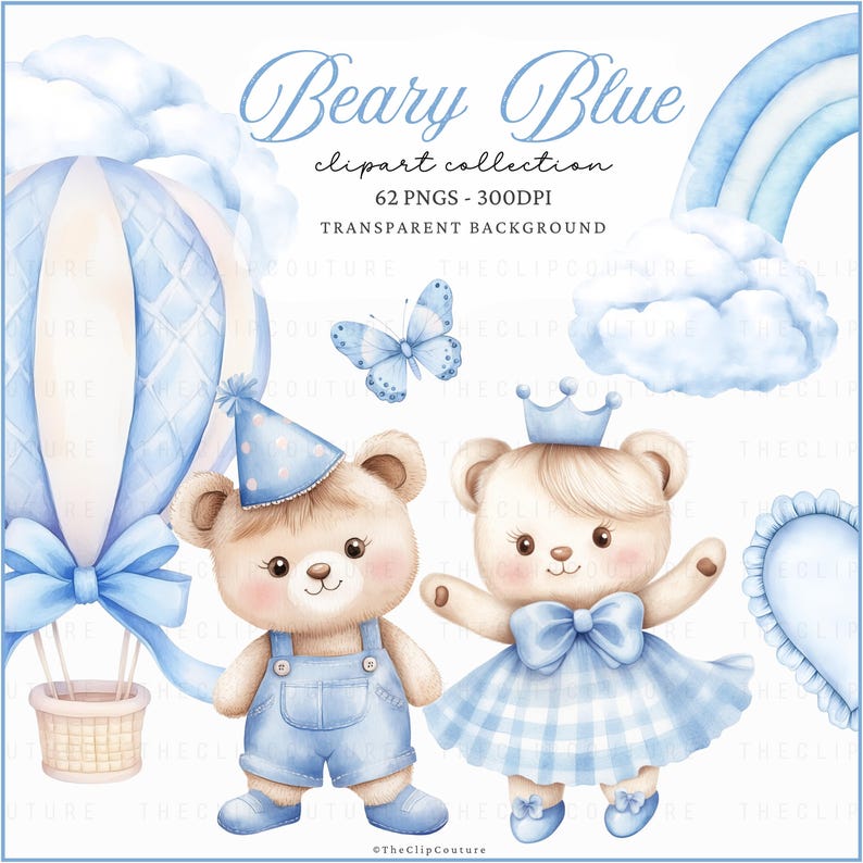 Blue Bear Clipart, Baby Girl Bear PNG, Blue Nursery, Baby Shower ...