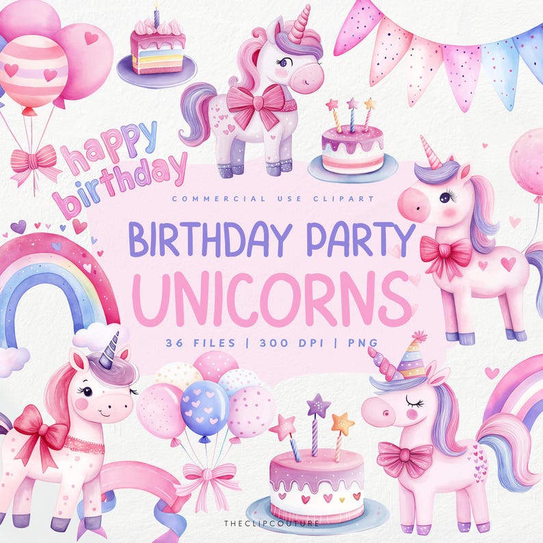 Birthday Unicorn Clipart, Unicorn PNG, Party Unicorn, Watercolor ...