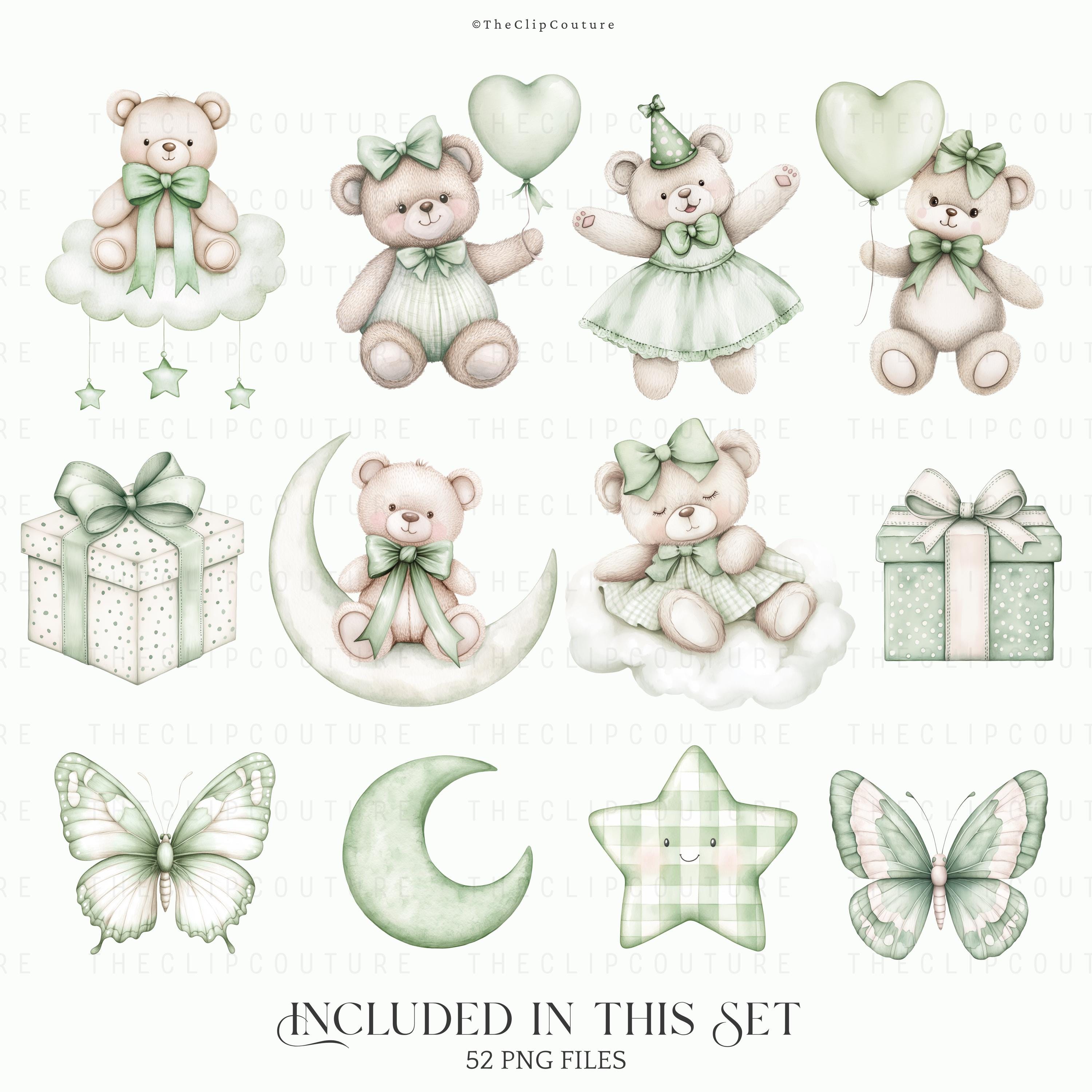 Sage Green Bear Clipart, Baby Girl Bear PNG, Sage Green Nursery, Baby ...