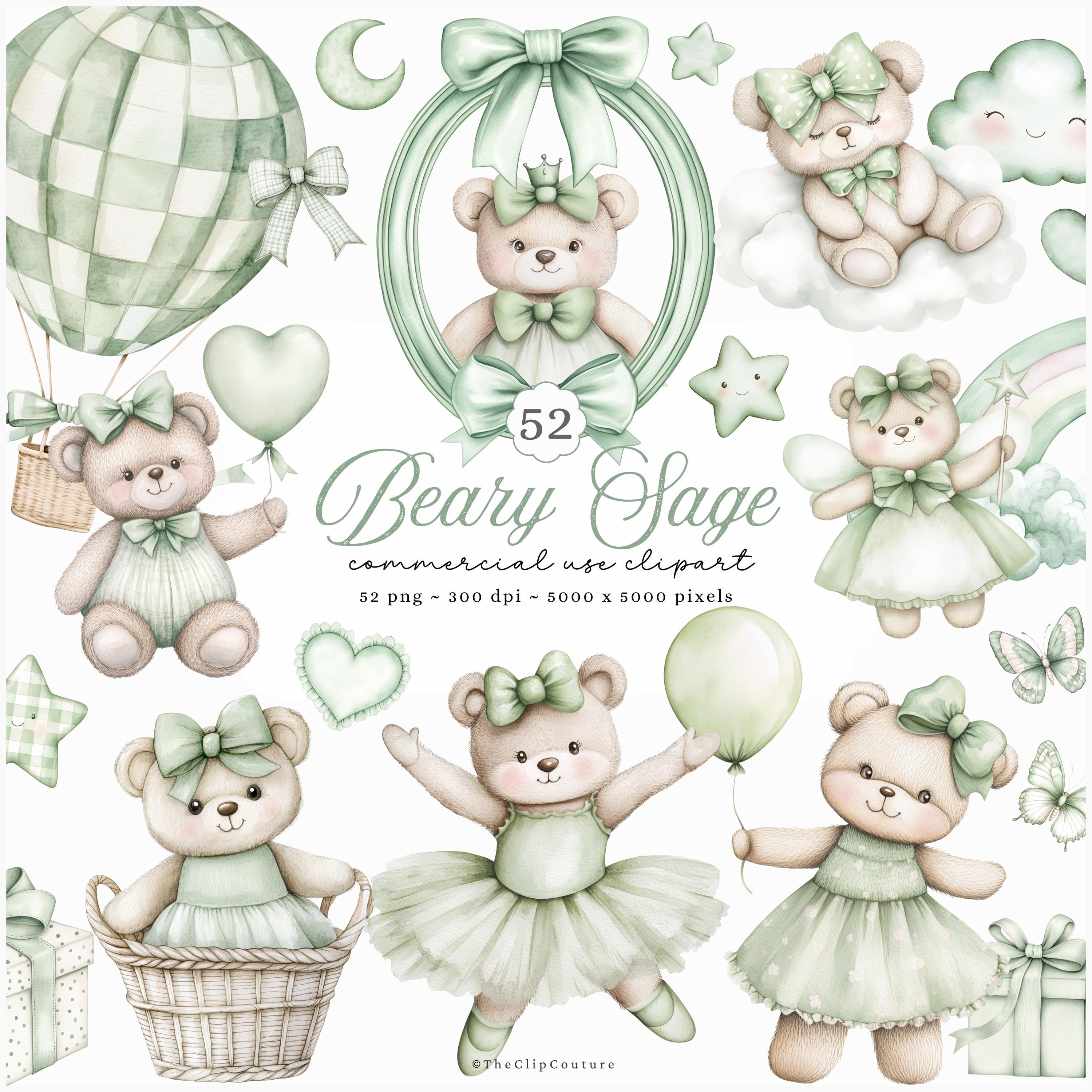 Sage Green Bear Clipart, Baby Girl Bear PNG, Sage Green Nursery, Baby ...