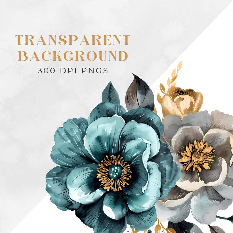 Teal and Gold Flower Bouquet Watercolor Clipart Set, Wedding ...