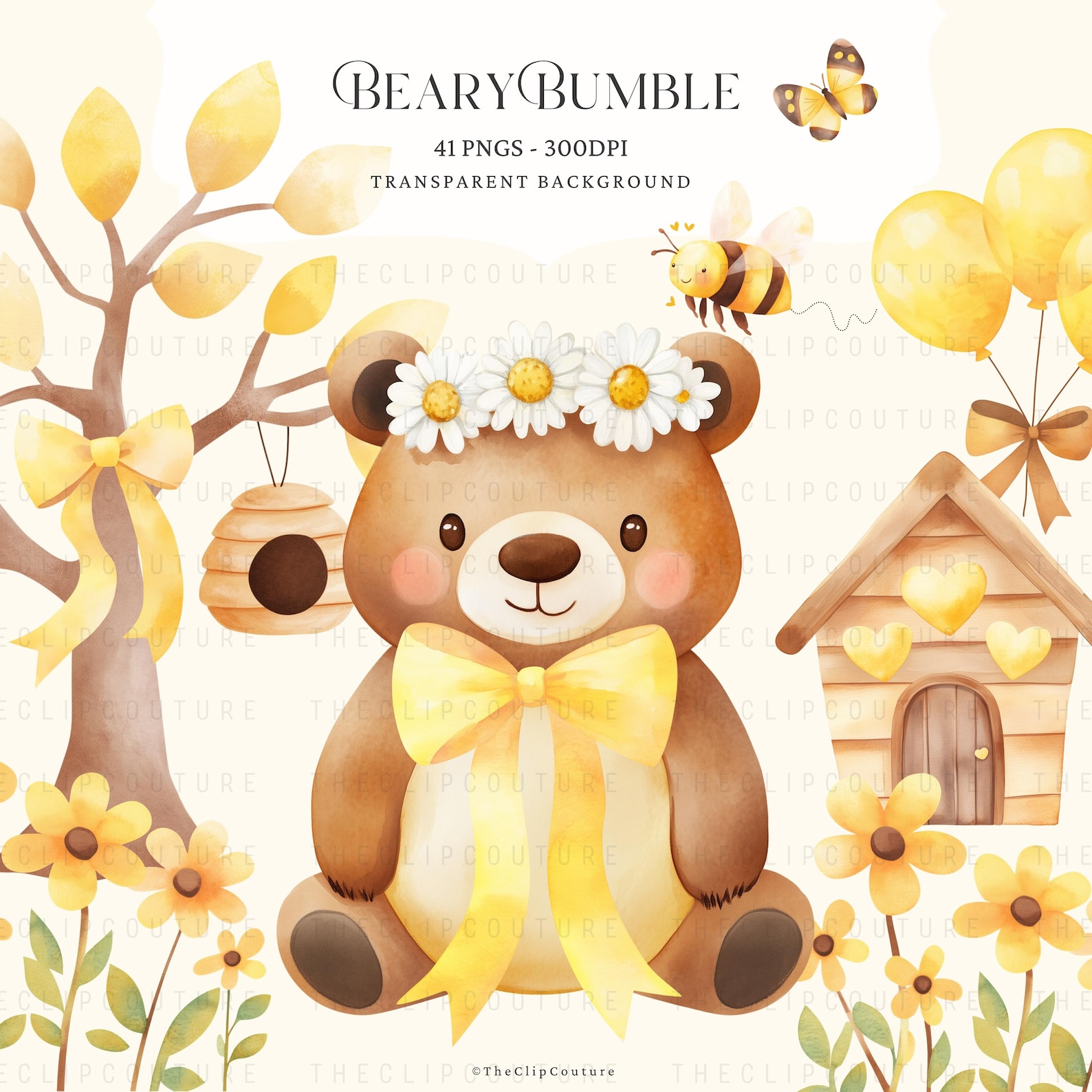 Watercolor Bee and Bear Clipart, Bumblebee Baby Shower PNG, Bee Day ...