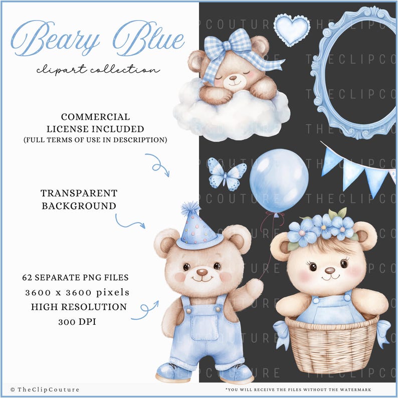 Blue Bear Clipart, Baby Girl Bear PNG, Blue Nursery, Baby Shower ...