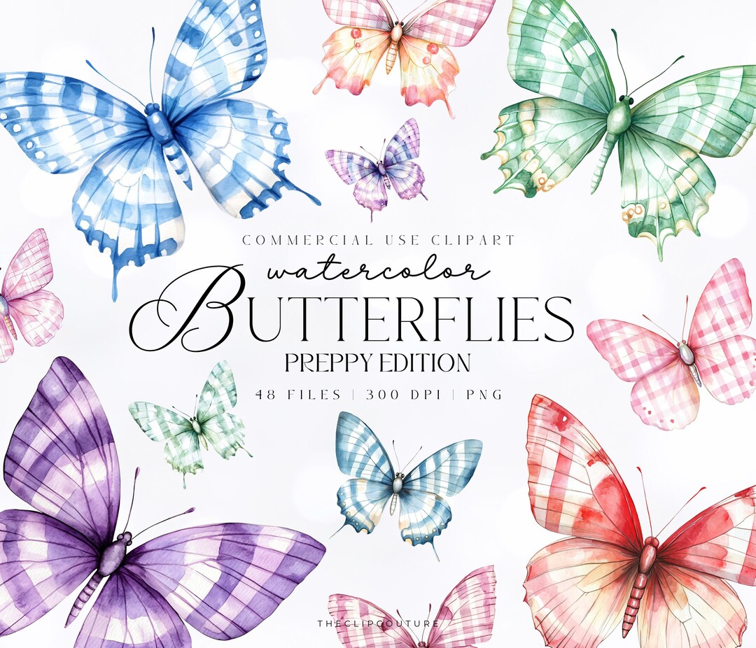 Watercolor Preppy Butterflies Clipart, Butterfly PNG, Pink Butterfly ...