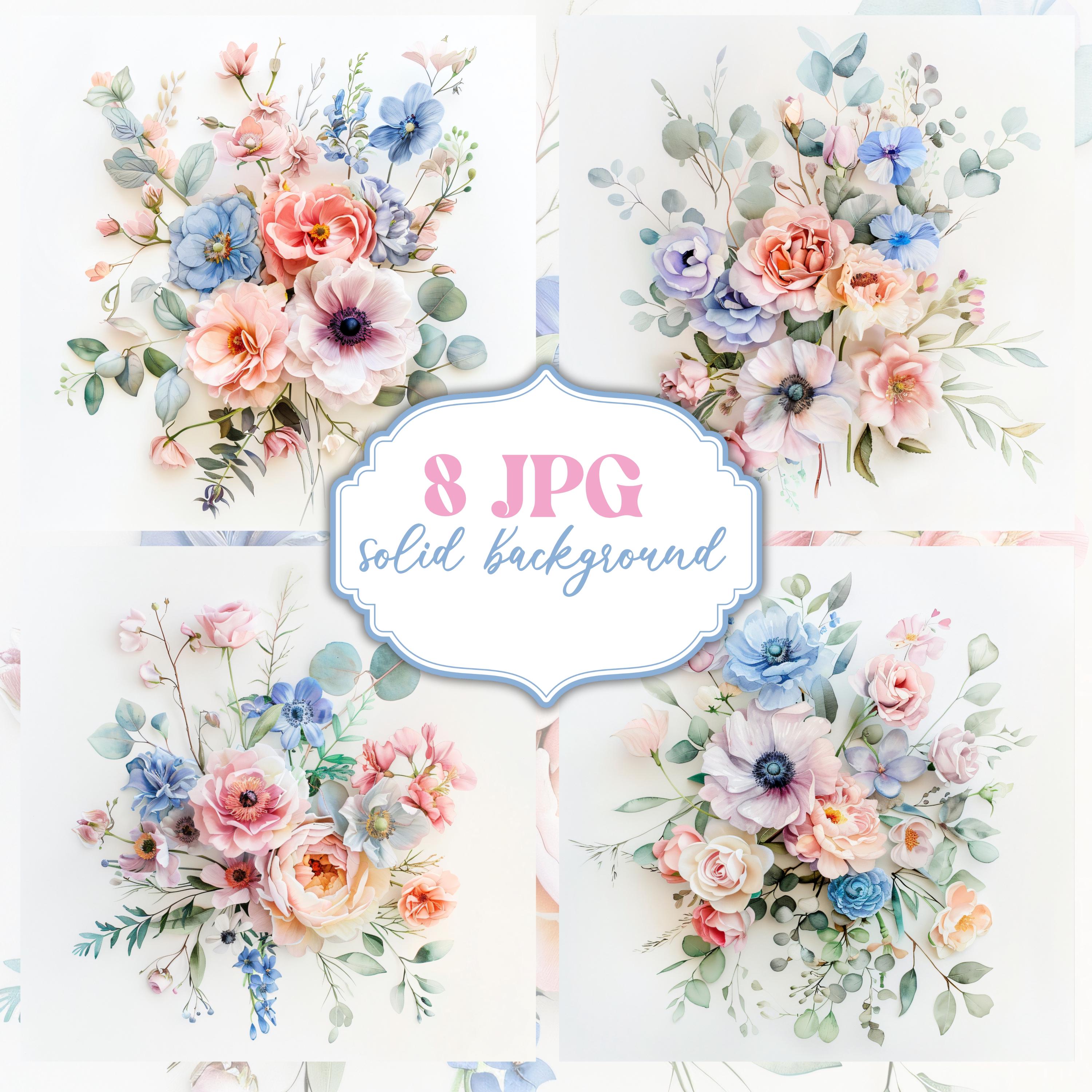 Pastel Flowers Clipart, Spring Bouquets, Dusty Pink, Dusty Blue, Floral ...