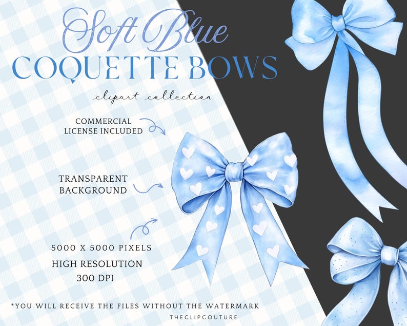 Light Blue Bows Clipart, Coquette Ribbon PNG, Watercolor Blue Bows ...