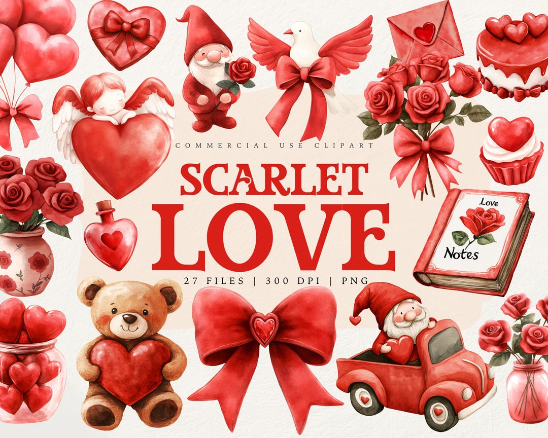 Watercolor Red Love Clipart, Cute Valentine PNG, Romantic Clip Art ...