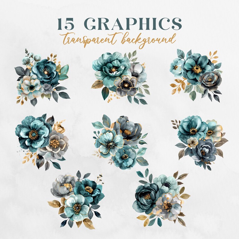 Teal and Gold Flower Bouquet Watercolor Clipart Set, Wedding ...