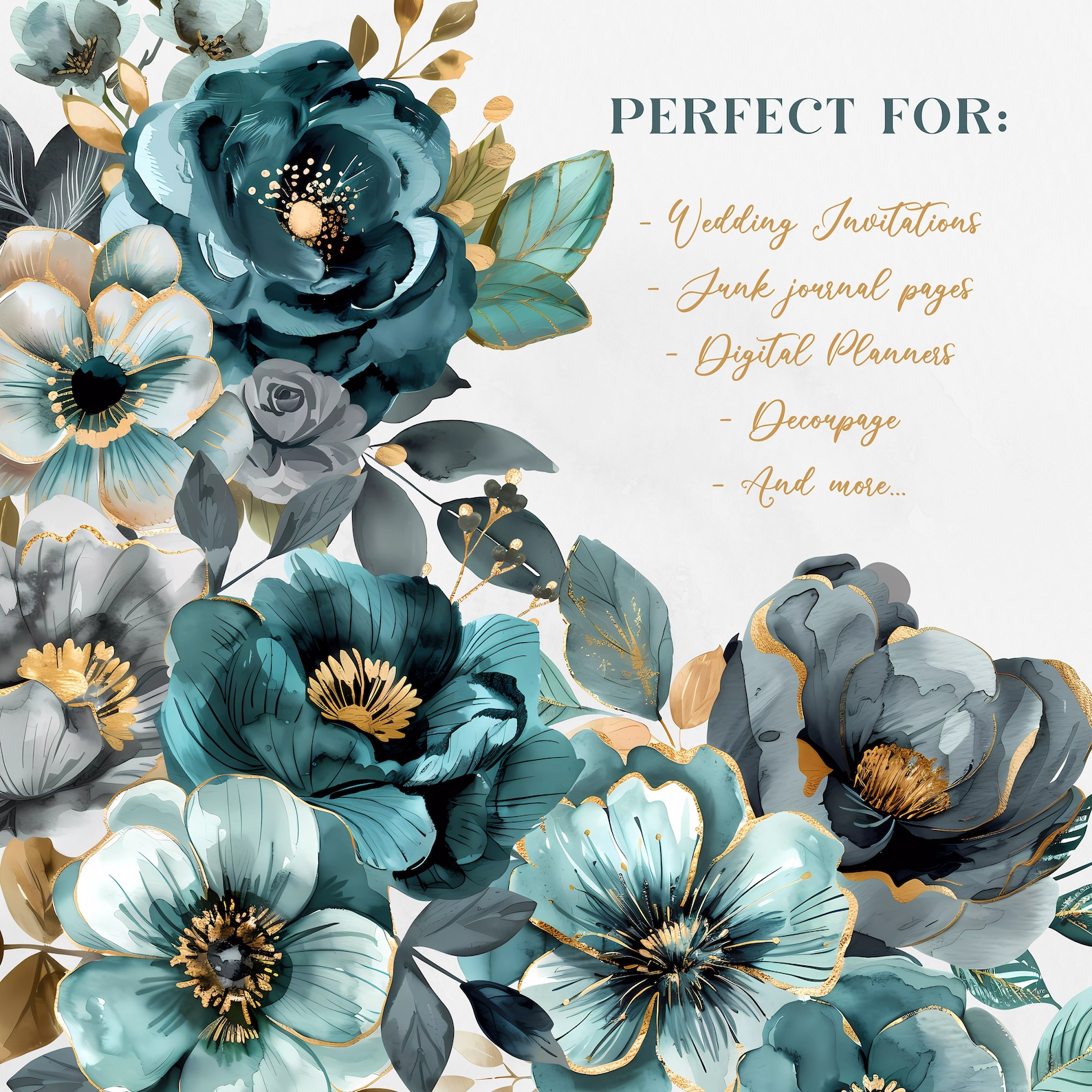 Teal and Gold Flower Bouquet Watercolor Clipart Set, Wedding ...