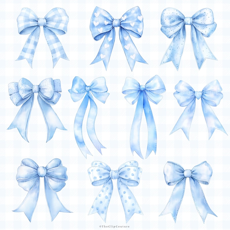 Light Blue Bows Clipart, Coquette Ribbon PNG, Watercolor Blue Bows ...