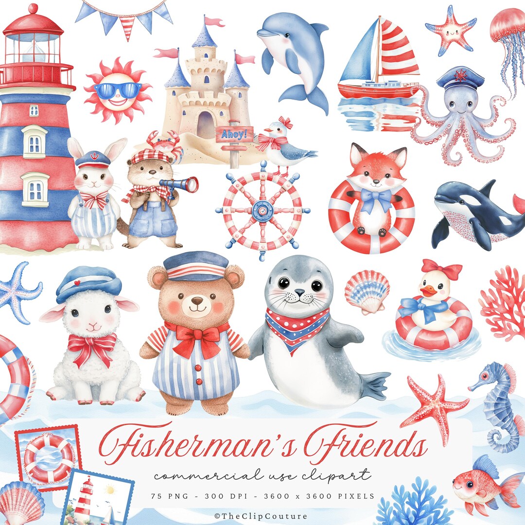 Fisherman Animals Clipart: Nautical Nursery Art, Sea Animals, Baby ...