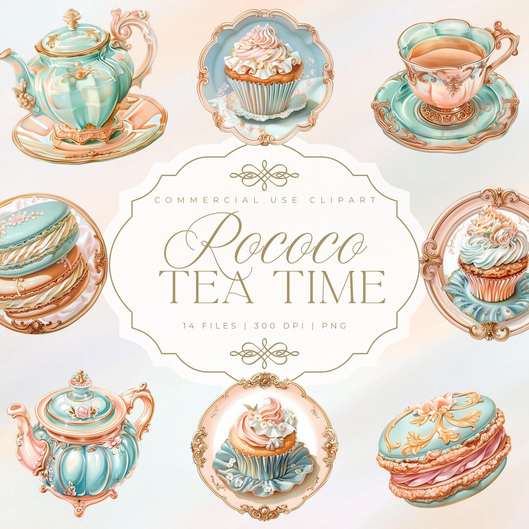 Tea Clipart, Rococo Tea Set, Bridal Shower Clipart, Watercolor Tea ...