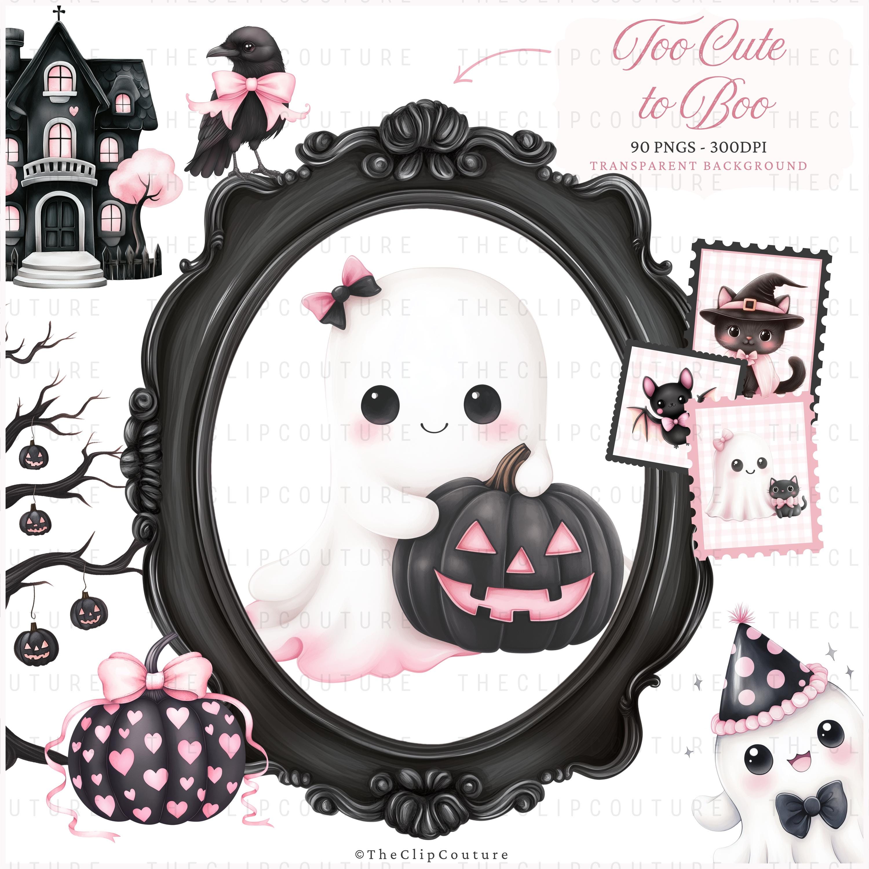 Cute Ghost Halloween Clipart, Pink Halloween Clipart, Pastel Watercolor ...