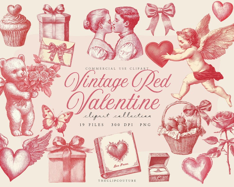 Vintage Valentines Day Clipart, Red Valentine Clipart, Vintage ...