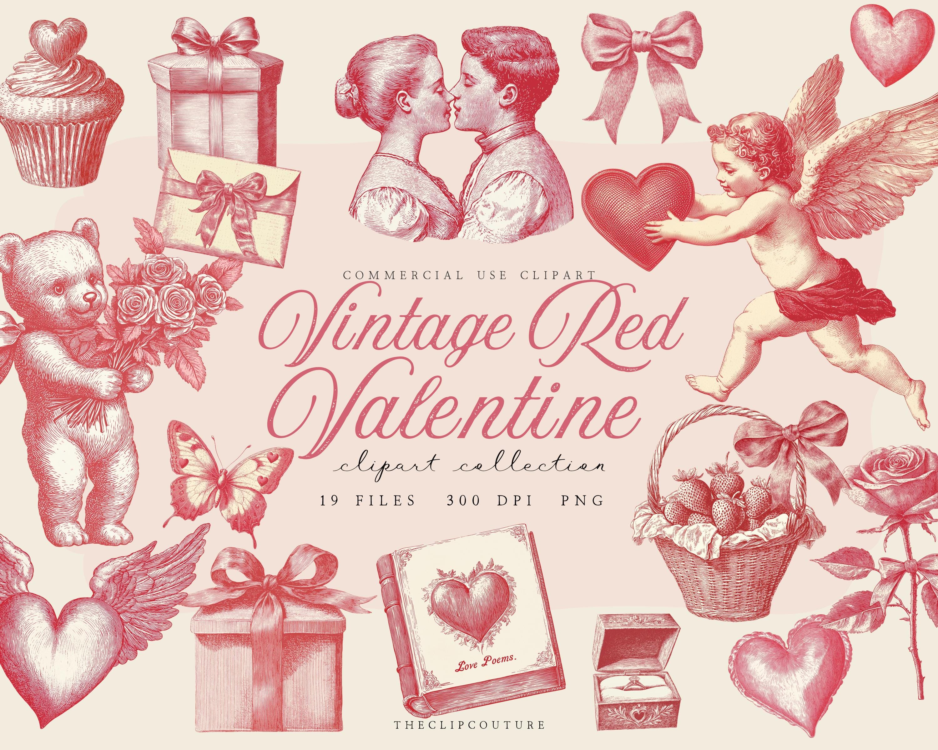 Vintage Valentines Day Clipart, Red Valentine Clipart, Vintage ...