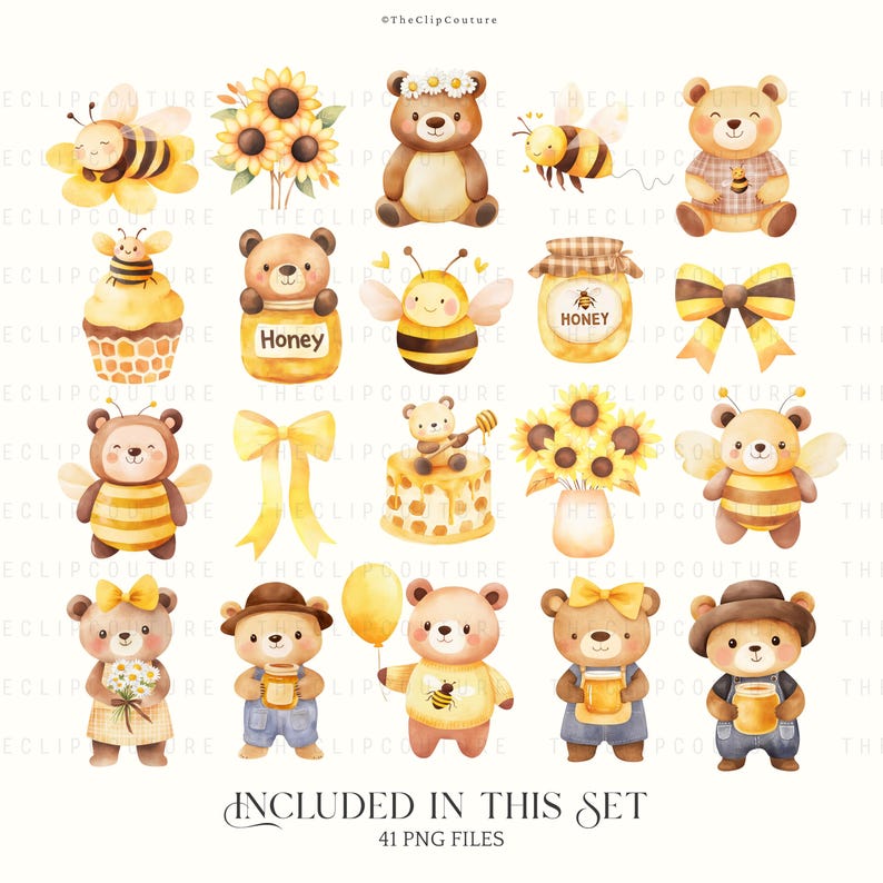 Watercolor Bee and Bear Clipart, Bumblebee Baby Shower PNG, Bee Day ...