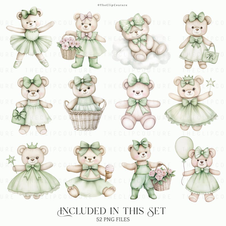 Sage Green Bear Clipart, Baby Girl Bear PNG, Sage Green Nursery, Baby ...