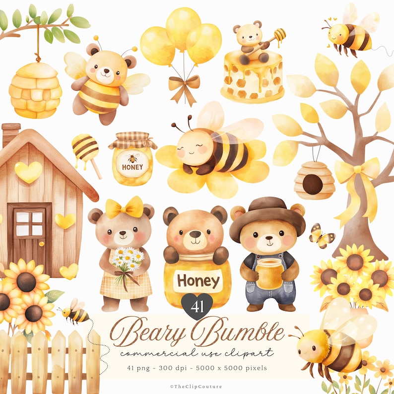 Watercolor Bee and Bear Clipart, Bumblebee Baby Shower PNG, Bee Day ...