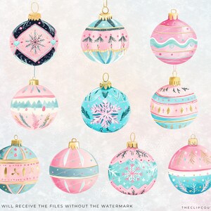 Pastel Christmas Ornaments Clipart, Watercolor Christmas Baubles, Pink ...
