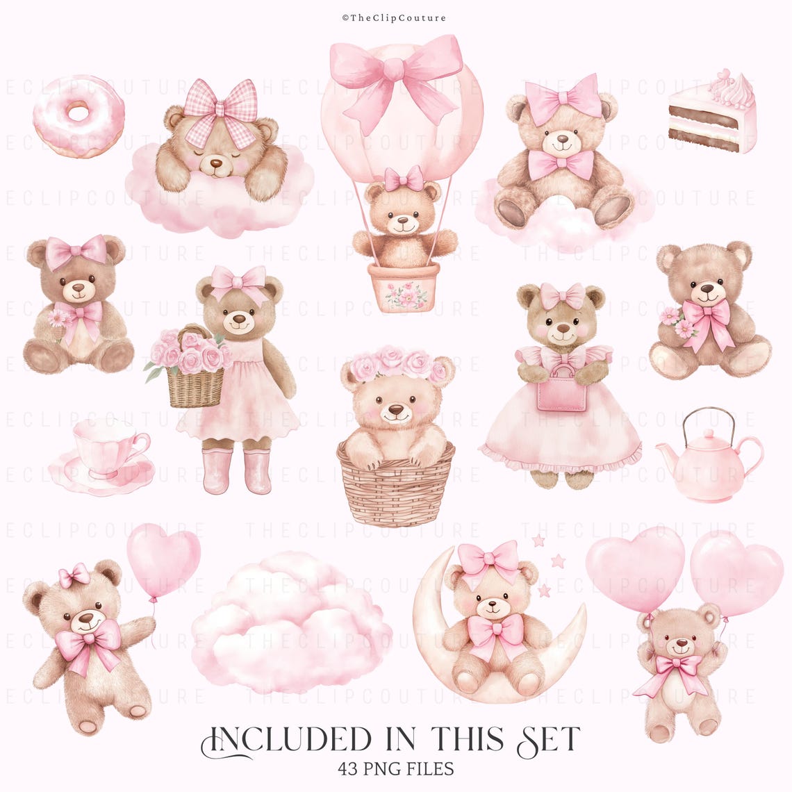 Watercolor Pink Teddy Bear Clipart, Pink Nursery PNG, Baby Shower Girl ...