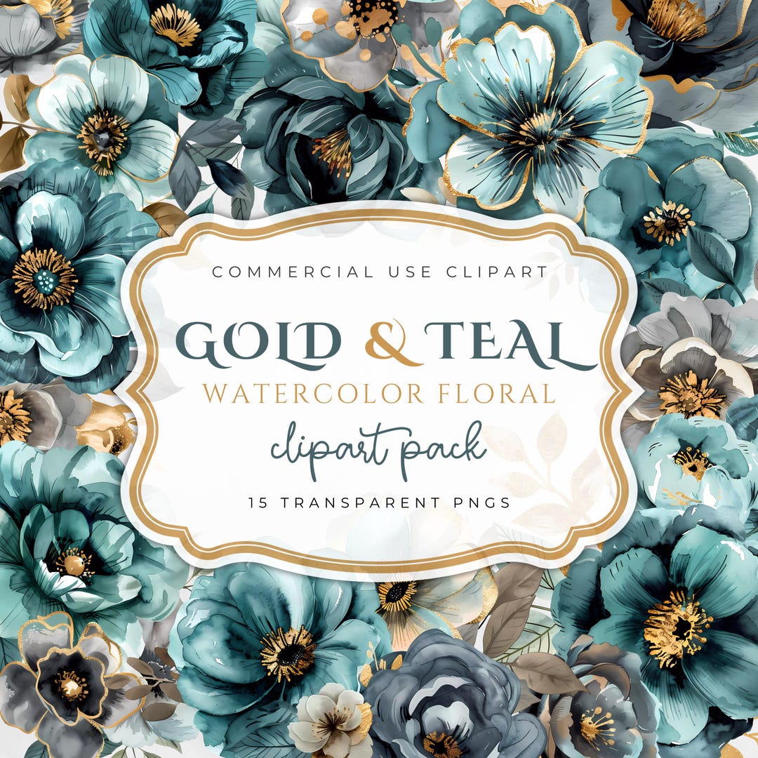 Teal and Gold Flower Bouquet Watercolor Clipart Set, Wedding ...