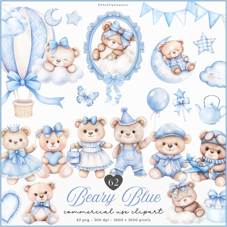 Blue Bear Clipart, Baby Girl Bear PNG, Blue Nursery, Baby Shower ...