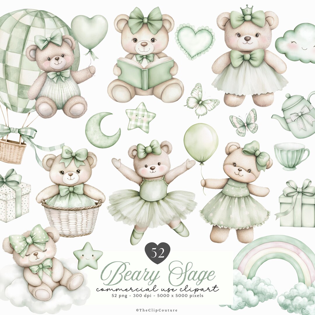 Sage Green Bear Clipart, Baby Girl Bear PNG, Sage Green Nursery, Baby ...