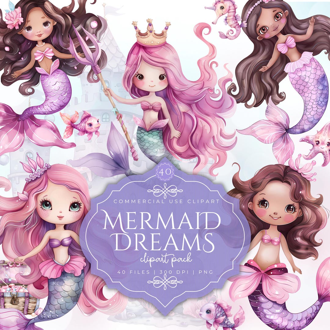 Watercolor Mermaid Clipart, Cute Little Mermaids Clipart, Mermaid PNG ...