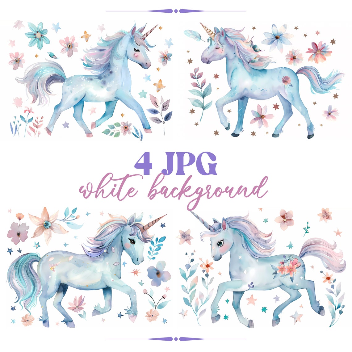 Magical Unicorn Watercolor Clipart Set for Girl's Birthday Party and ...