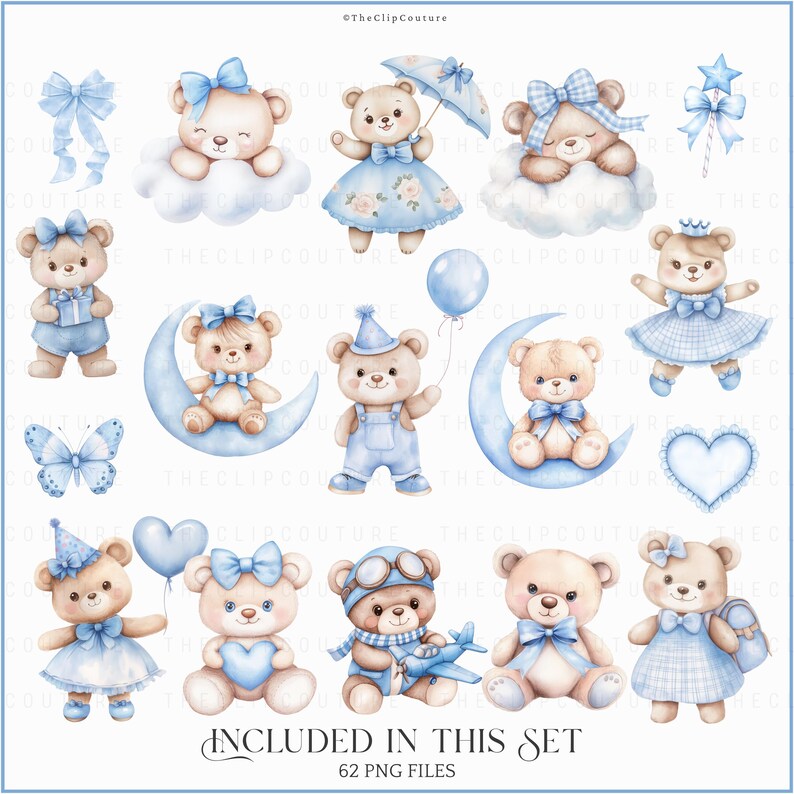 Blue Bear Clipart, Baby Girl Bear PNG, Blue Nursery, Baby Shower ...