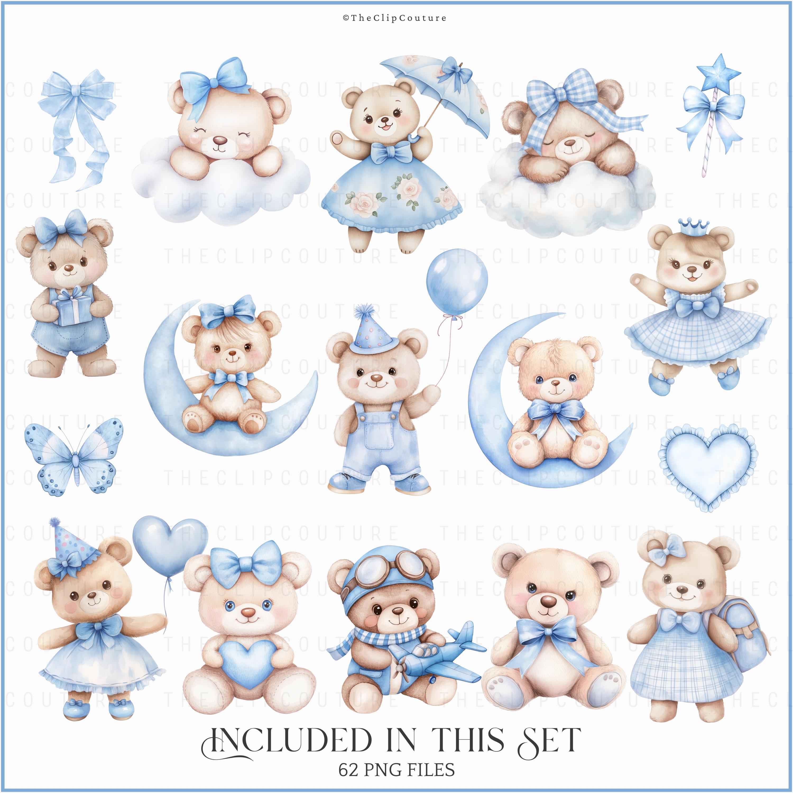 Blue Bear Clipart, Baby Girl Bear PNG, Blue Nursery, Baby Shower ...