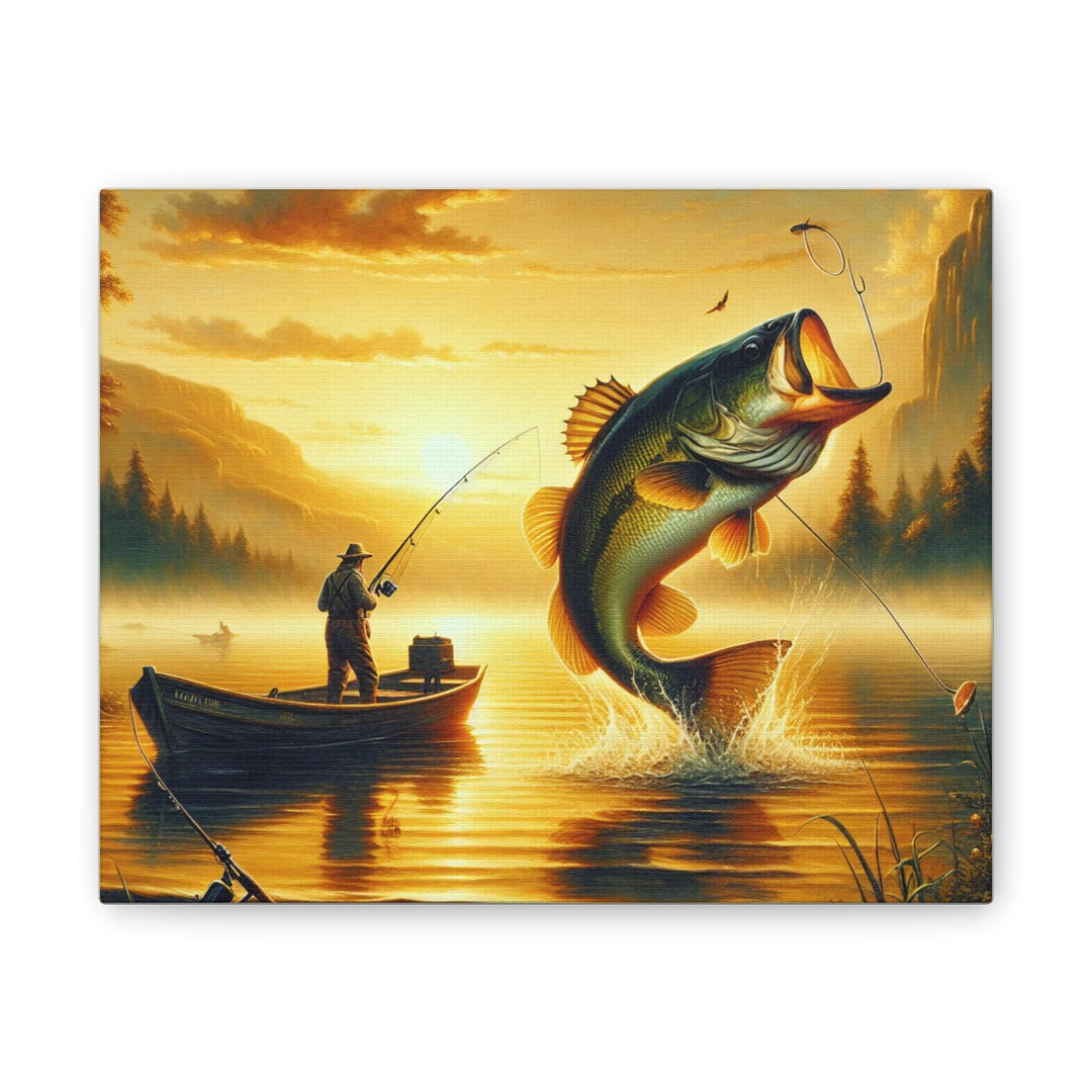 Canvas Stretched, Fishing Wall Art, Bass Jumping, Fisherman in Boat ...