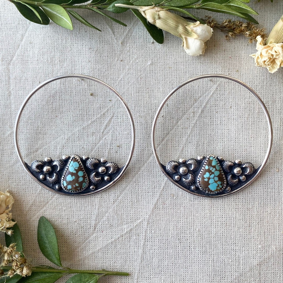 STARRY NIGHT HOOPS - Sterling Silver Turquoise Hoop Earrings, Handmade Turquoise Hoops ...