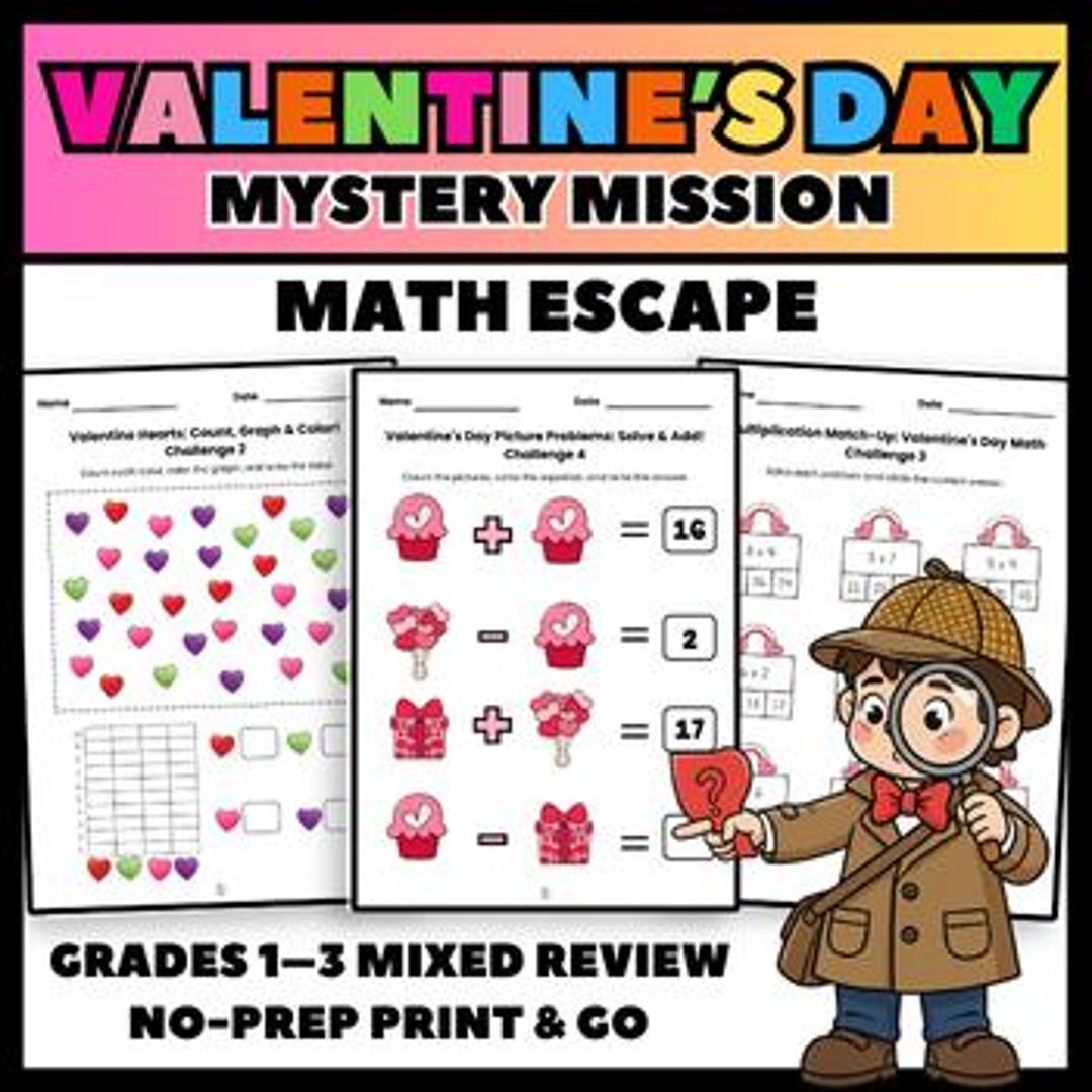 Valentine Math Escape Room Grade 1 2 3 | Math Detective Mission | No ...