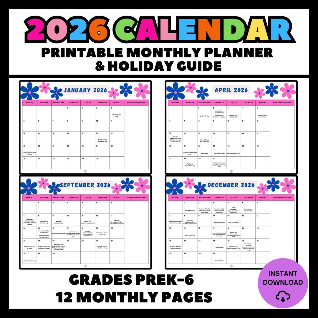 2026 Monthly Calendar for Teachers & Parents | Educational Holidays ...