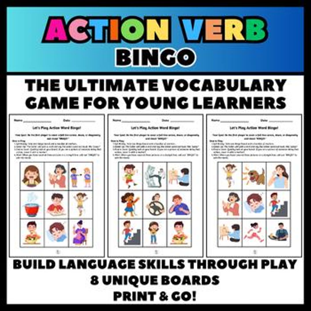 Action Verb Bingo Game | Vocabulary Building for ELL - Etsy