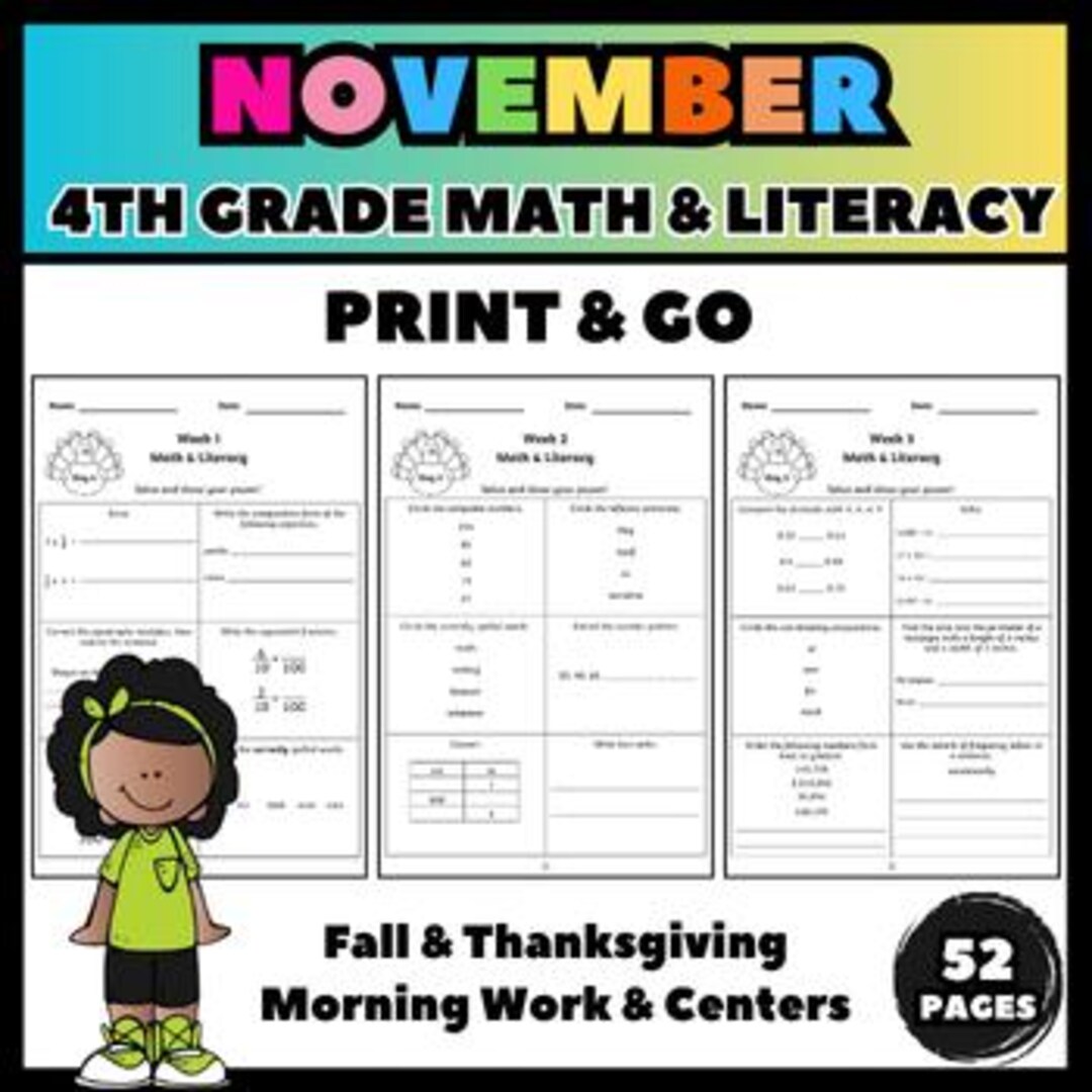 4th Grade November Math and Literacy Pack | Thanksgiving Fractions and ...