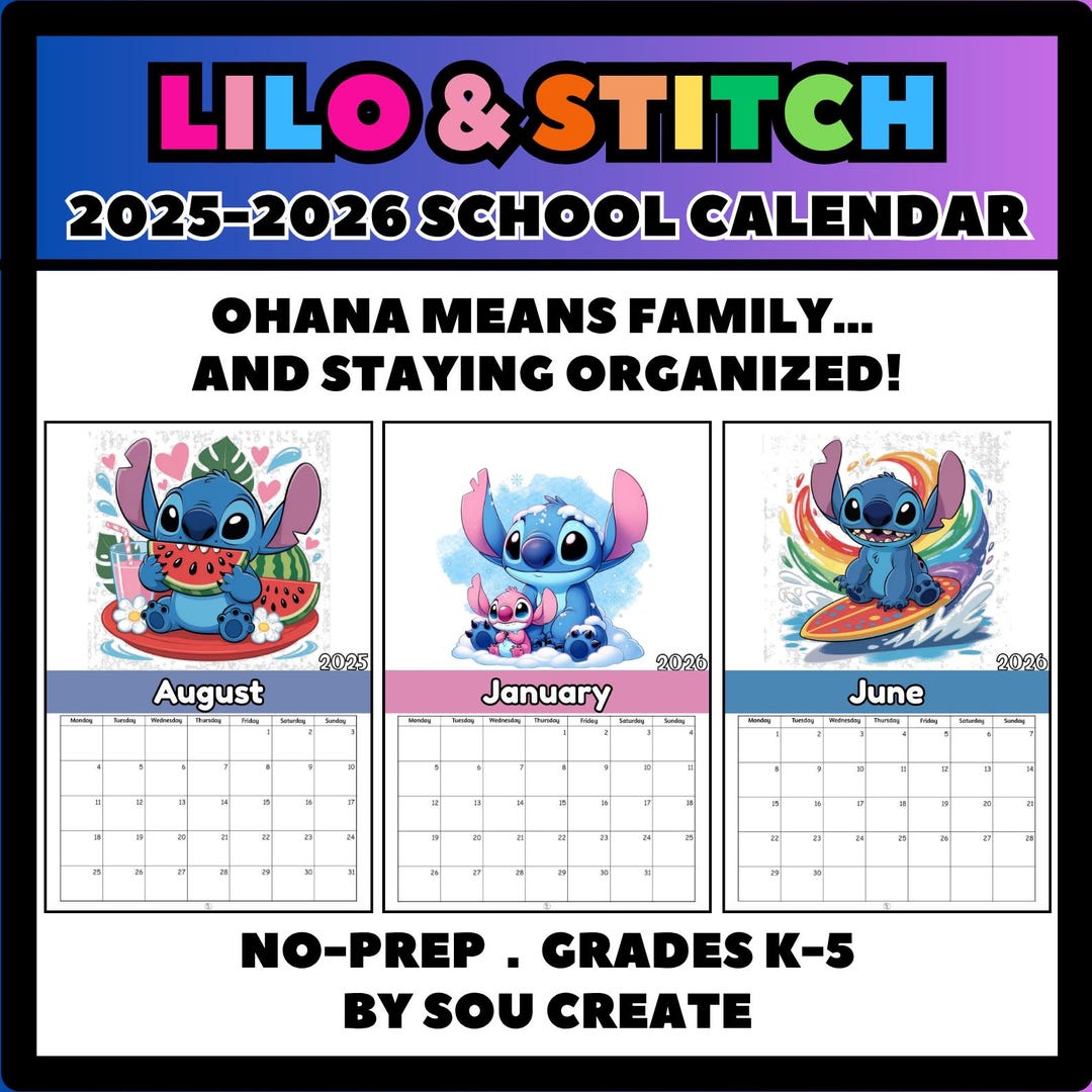 Calendário Escolar Lilo & Stitch 2025-2026 | Tema Tropical Ohana ...