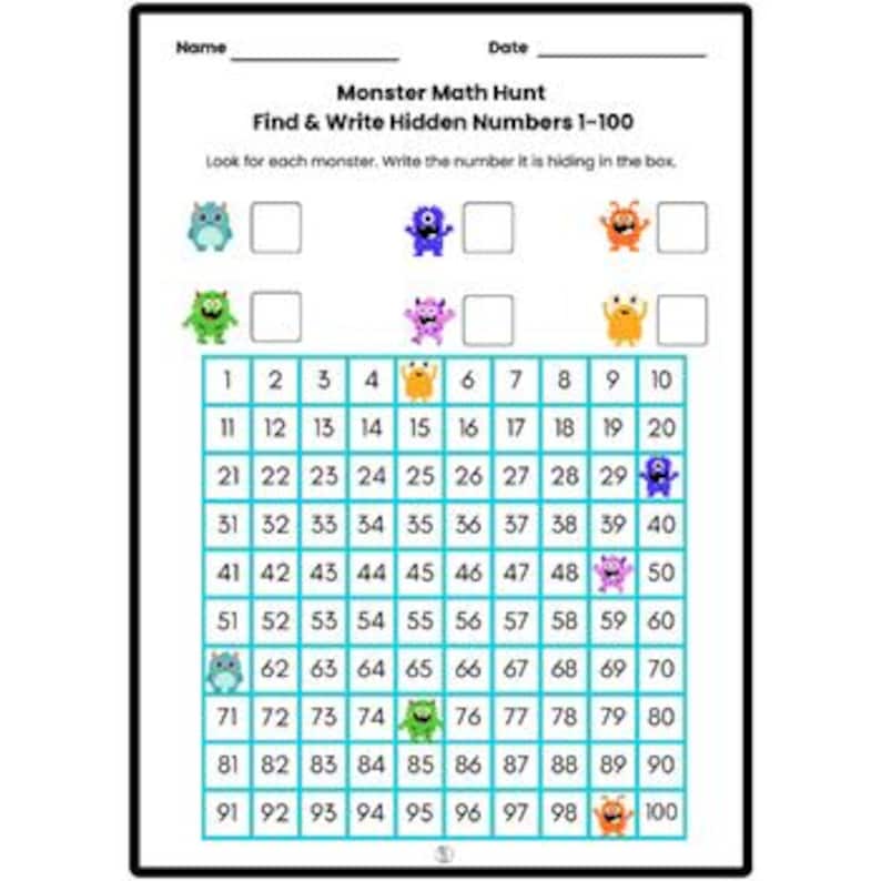 Monster Math 100 Chart | Number Sense Kindergarten Activity (PDF Pages ...