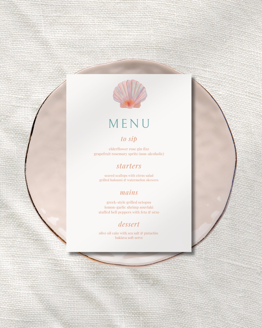 Editable Coastal Seashell Menu Hand Drawn Dinner Party Beach Wedding ...