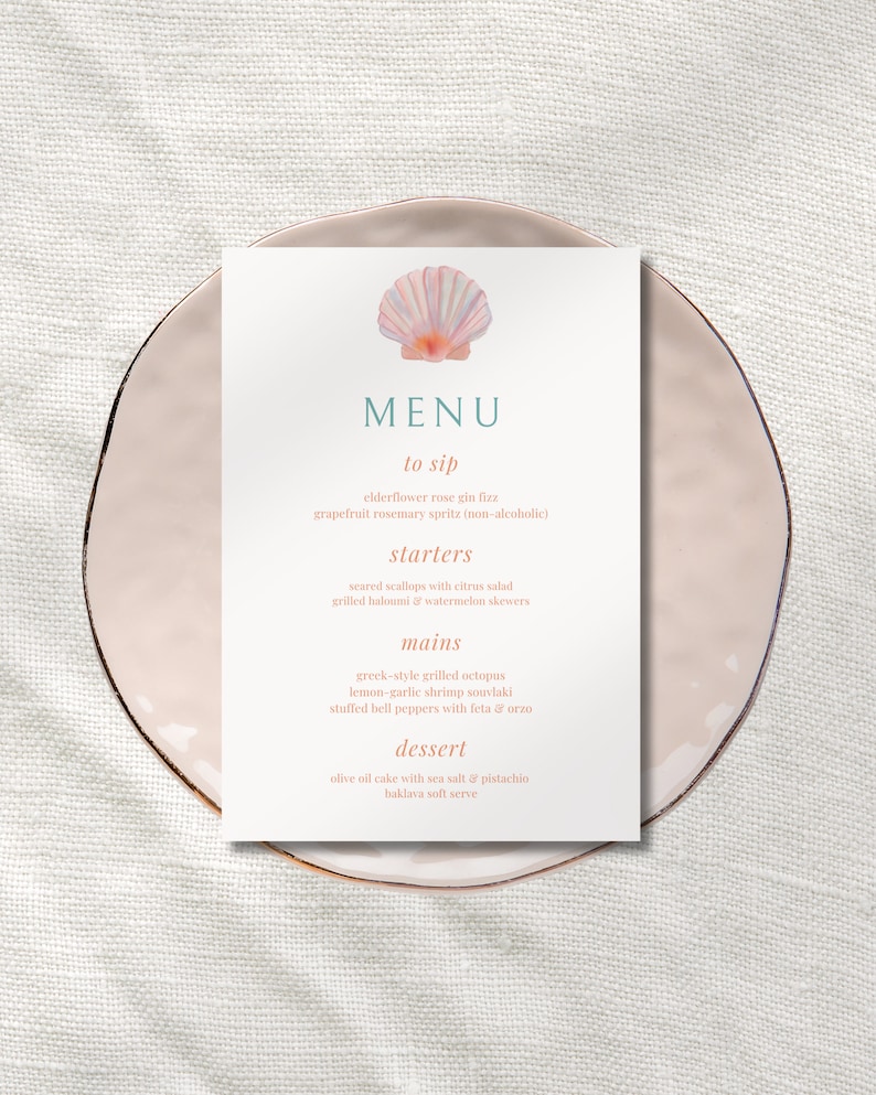 Coastal Seashell Menu | Hand Drawn | Dinner Party | Beach Wedding ...
