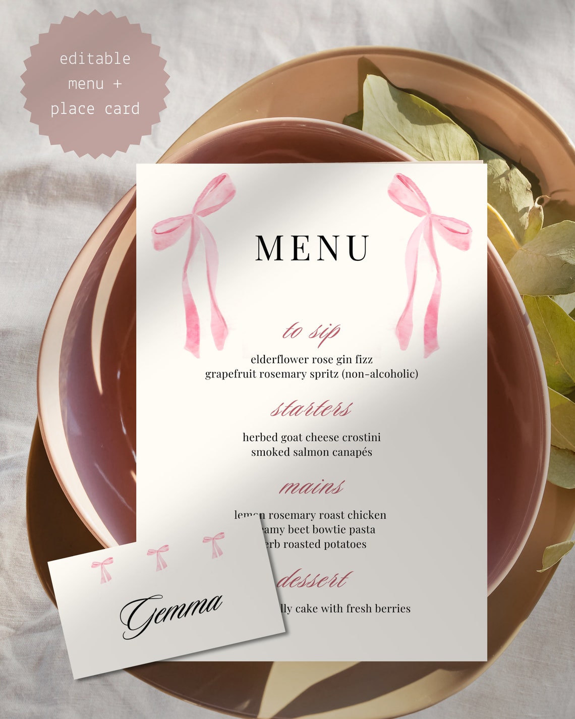 Pink Bow Menu + Place Card Template | Hand Drawn | Dinner Party | Baby ...