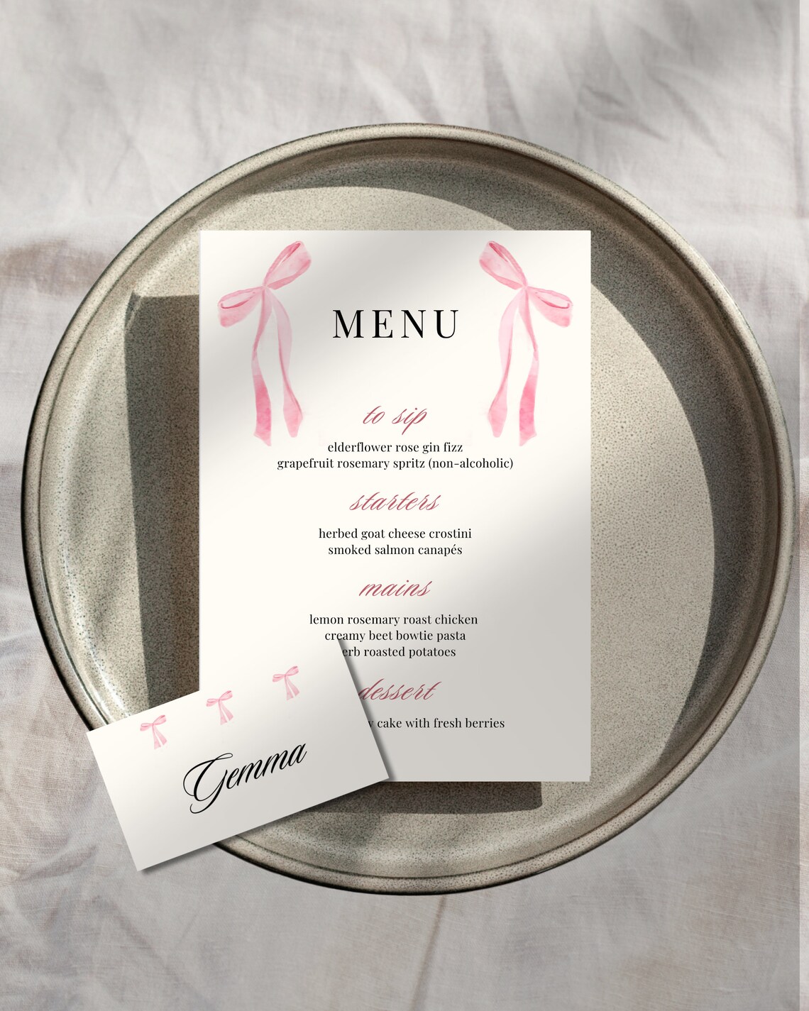 Editable Bow Menu Place Card Template Hand Drawn Dinner Party Digital ...