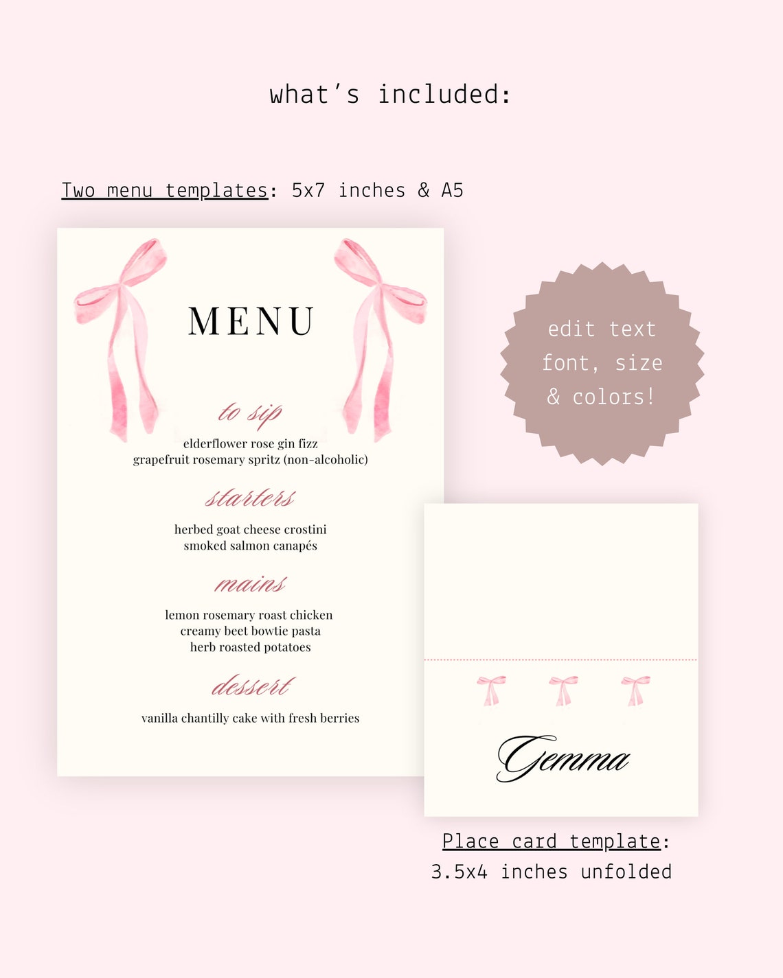Editable Bow Menu Place Card Template Hand Drawn Dinner Party Digital ...