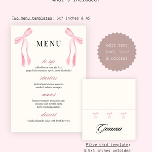 Pink Bow Menu + Place Card Template | Hand Drawn | Dinner Party | Baby ...