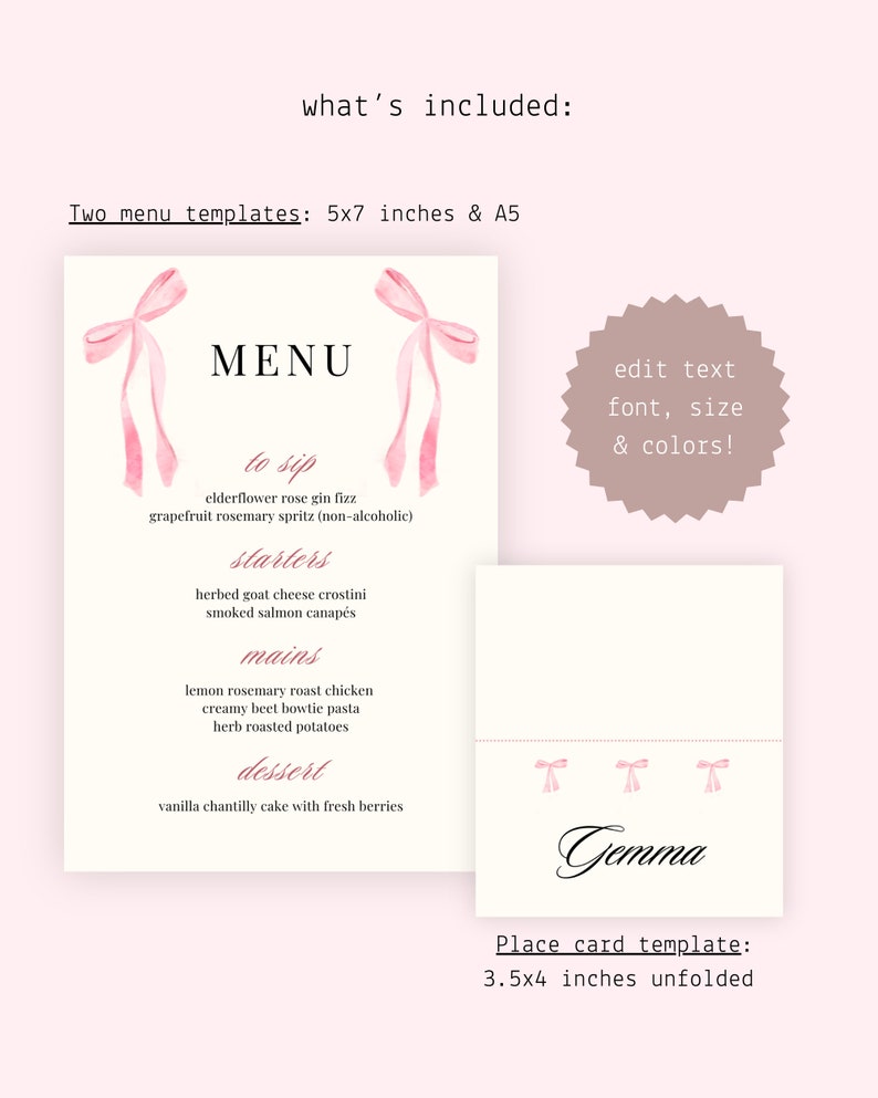 Editable Bow Menu Place Card Template Hand Drawn Dinner Party Digital ...