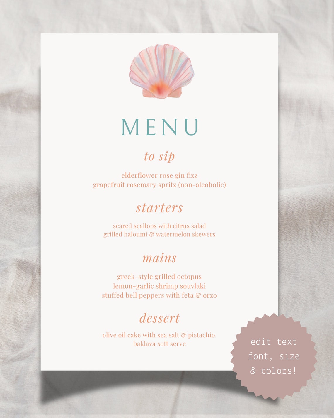 Editable Coastal Seashell Menu Hand Drawn Dinner Party Beach Wedding ...